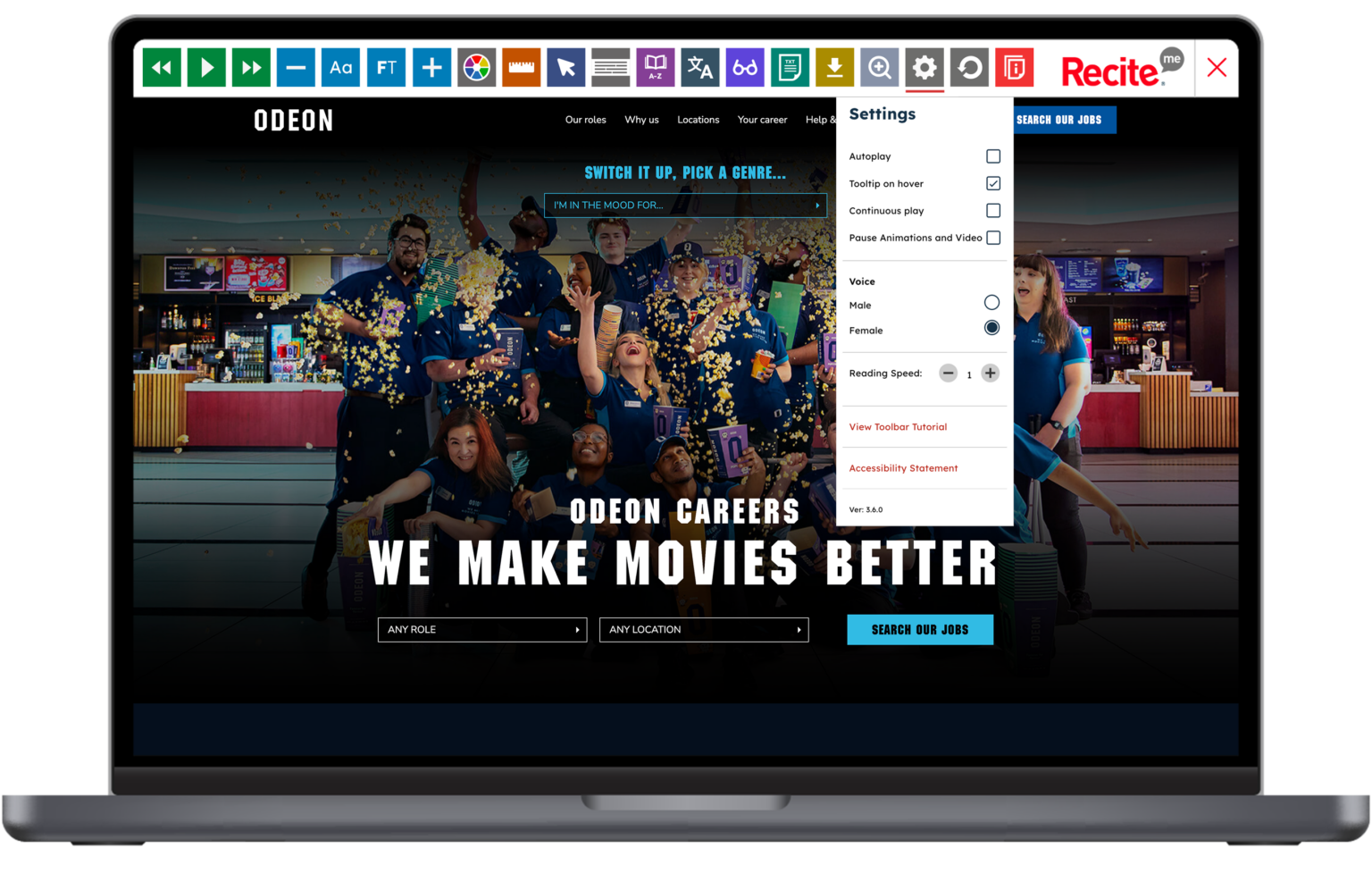 ODEON Cinemas Inclusive Careers Website | Recite Me